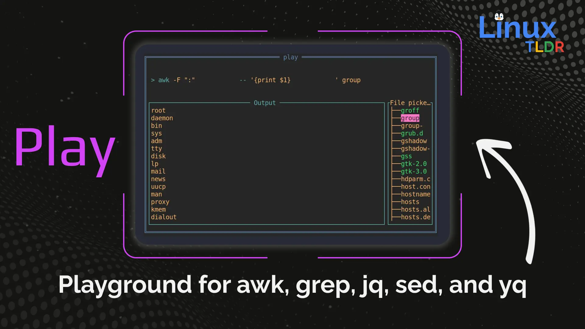 Play: TUI Playground for (awk, grep, jq, sed, and yq) in Linux